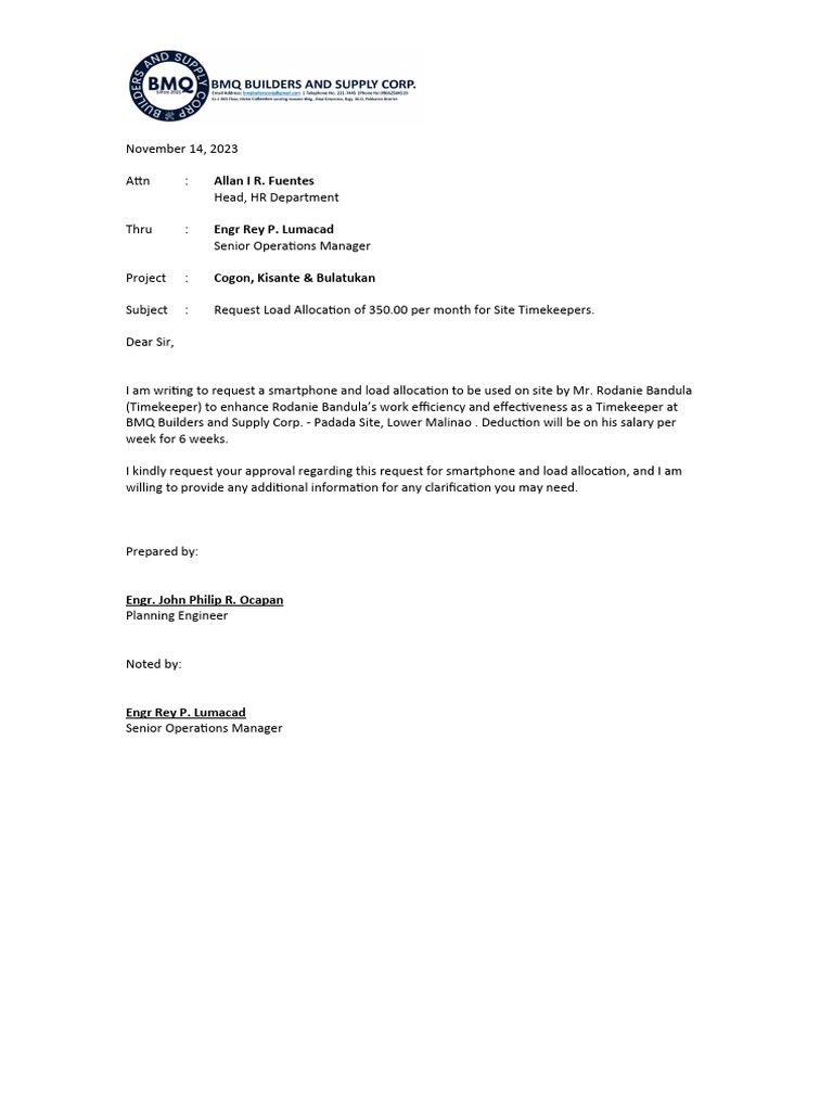 ALL SITES - Request Letter For Load Allowance 11.14.23 | PDF