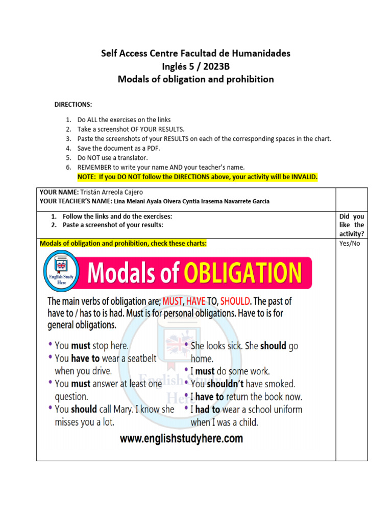Activity 3 Inglés 5 CAA 2023B Modals Obligat | PDF