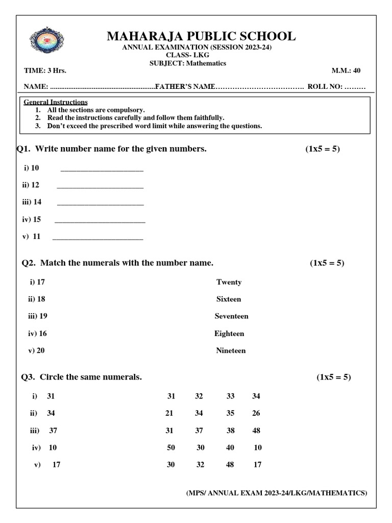 Annual Exam Lkg Maths Pdf Schools Educational Stages