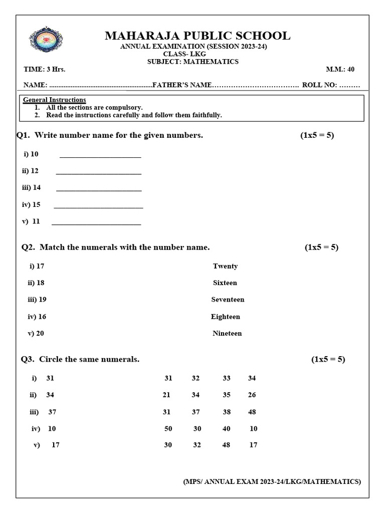 LKG Mathematics Annual Exam 2023-24 | PDF | Educational Stages