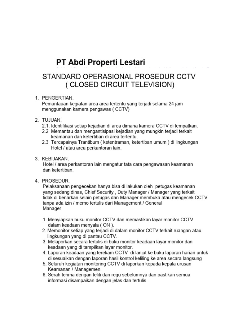 SOP CCTV untuk Keamanan Hotel | PDF