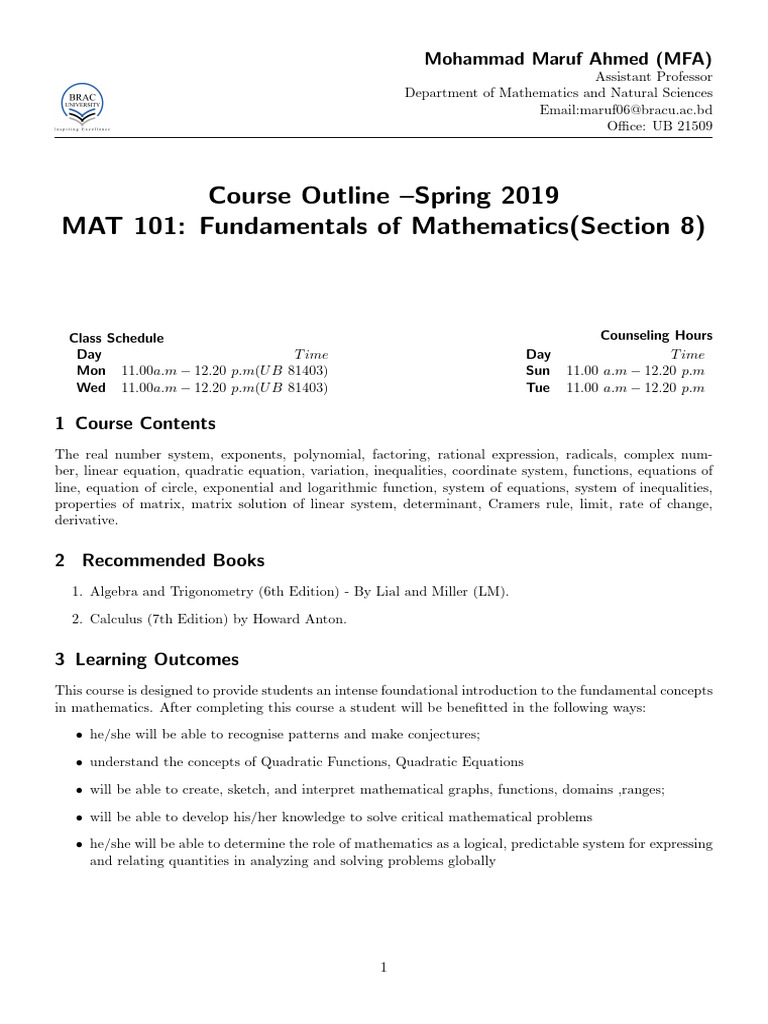 Math 101: Course Outline & Details | PDF | Equations | Function (Mathematics)