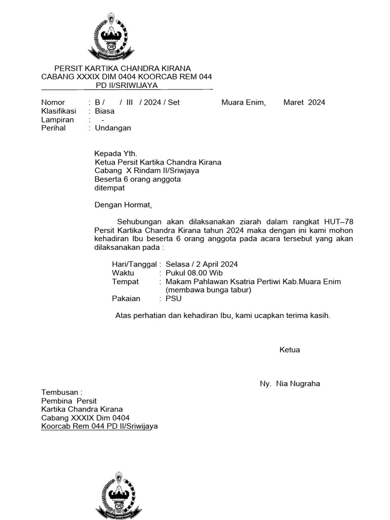 Surat Ziarah Hut Persit Th 2024 | PDF