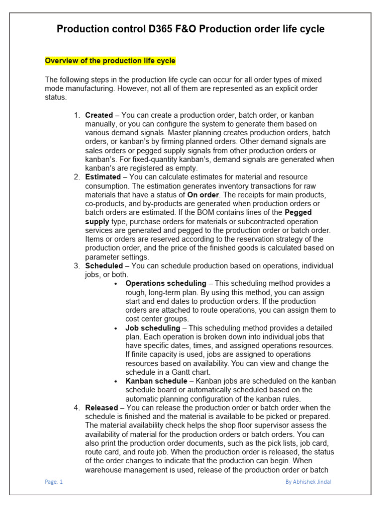 Production Control D365F&O Production Order Lifecycle | PDF | Inventory ...
