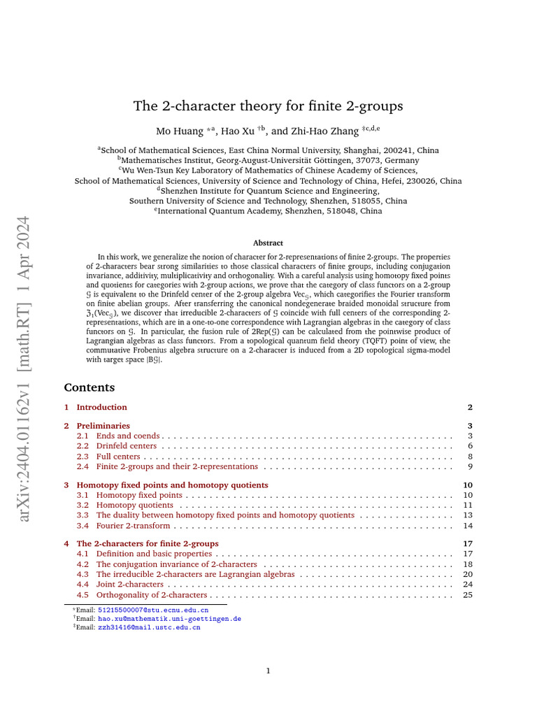 The 2-Character Theory For Finite 2-Groups: Mo Huang, Hao Xu, and Zhi-Hao Zhang | PDF ...