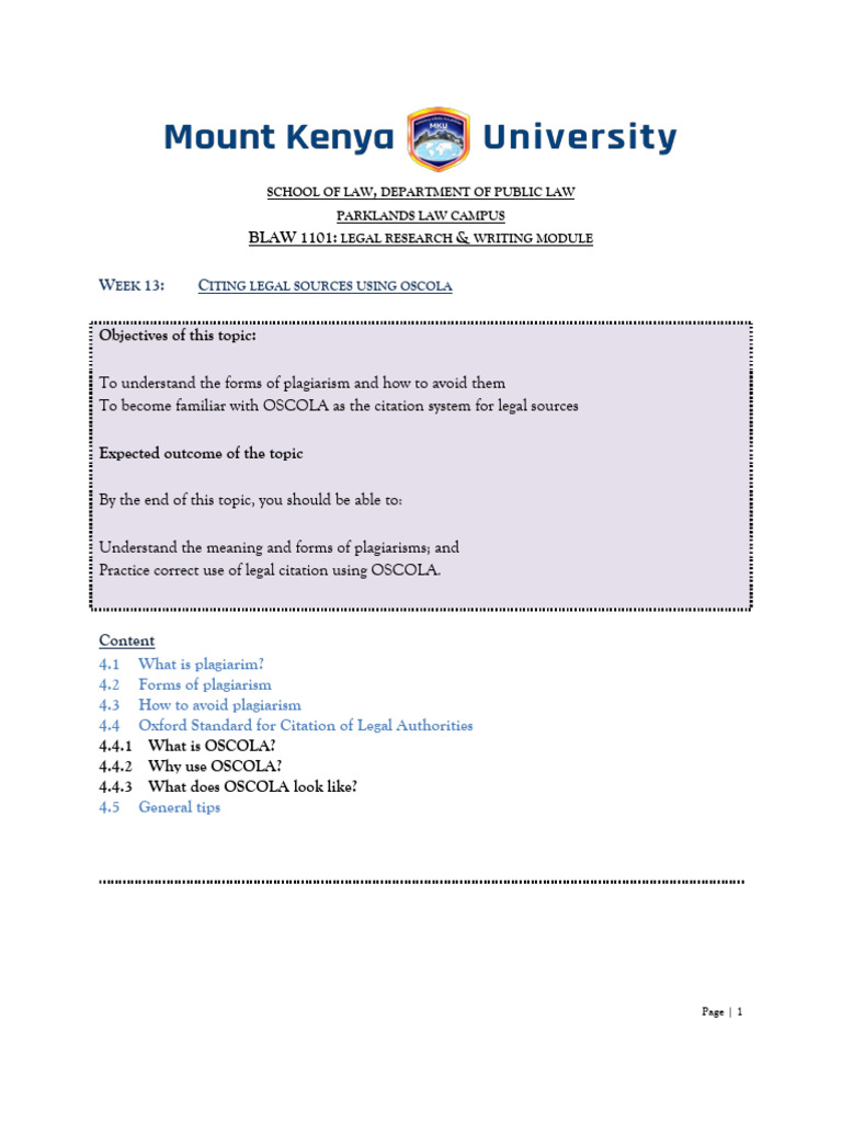 MKU Legal Research & Writing - Citing Legal Sources Using OSCOLA | PDF ...