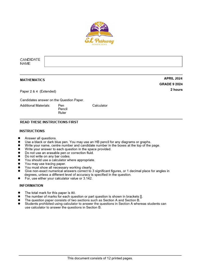 Grade 9 Math Exam Paper | PDF | Speed | Mathematics