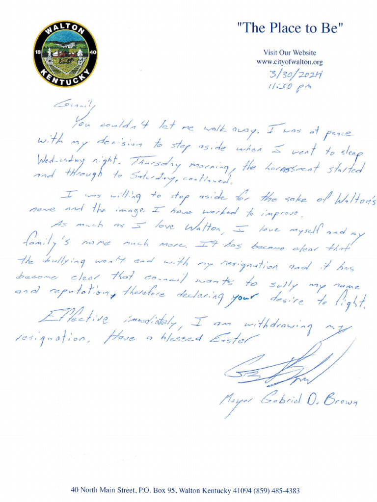 Letter from Walton Mayor Gabe Brown | PDF Letter from Walton Mayor Gabe Brown | PDF