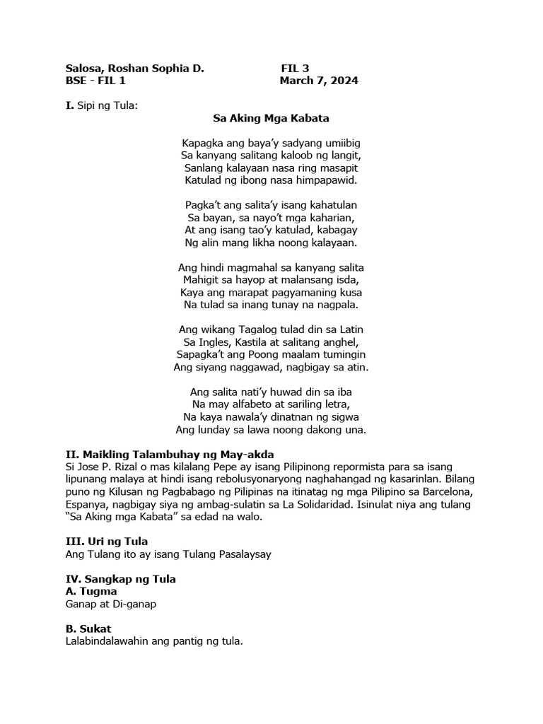 Pagsusuri Sa Sa Aking Mga Kabata | PDF