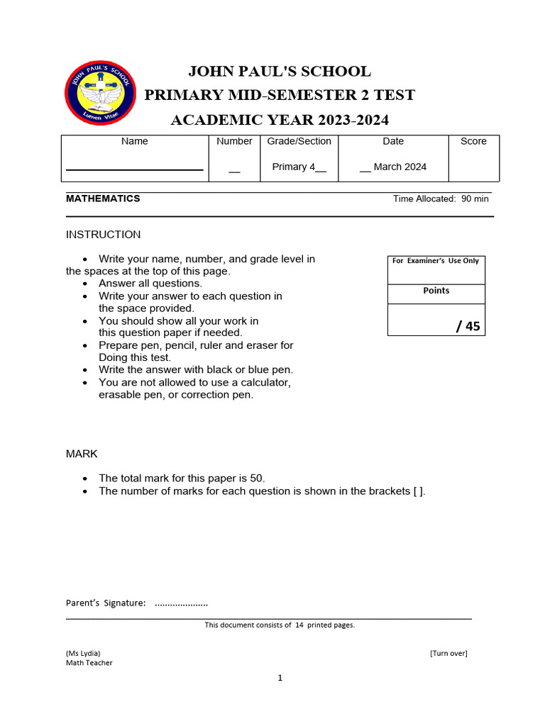 P4 PAPER TEST Mid Semester 2 March 2024 | PDF | Rectangle | Area