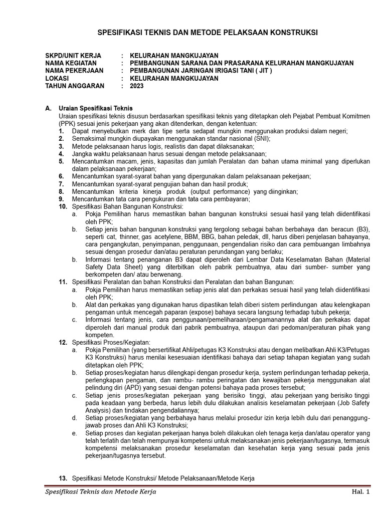 SMKK Spesifikasi Teknis Dan Metode Kerja Jit Mangkujayan | PDF