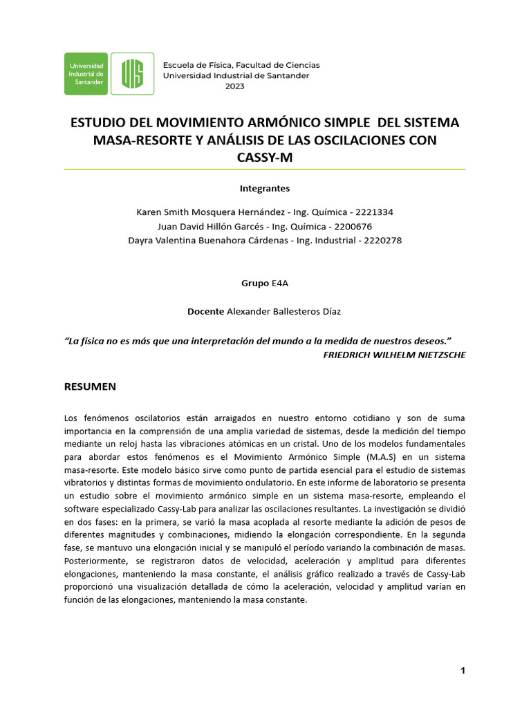 Estudio Del Movimiento Armónico Simple Del Sistema Masa-Resorte y ...