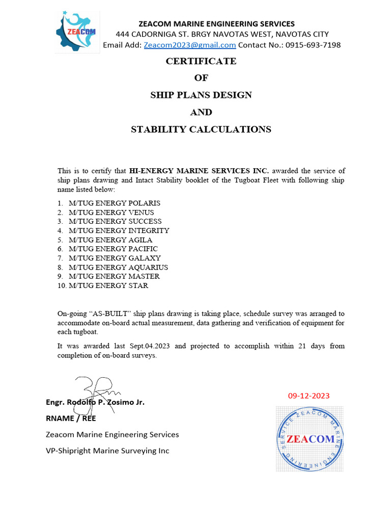Ship Plans & Stability Certification | PDF