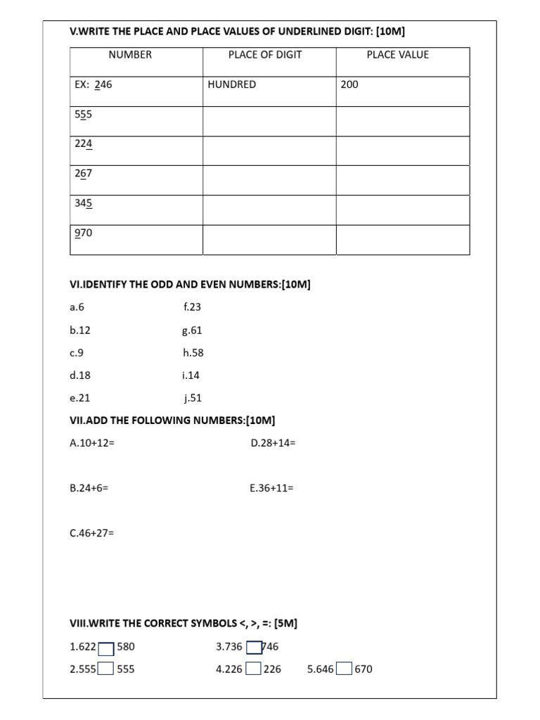 Math Exercises: Place Value, Odd/Even, Addition | PDF