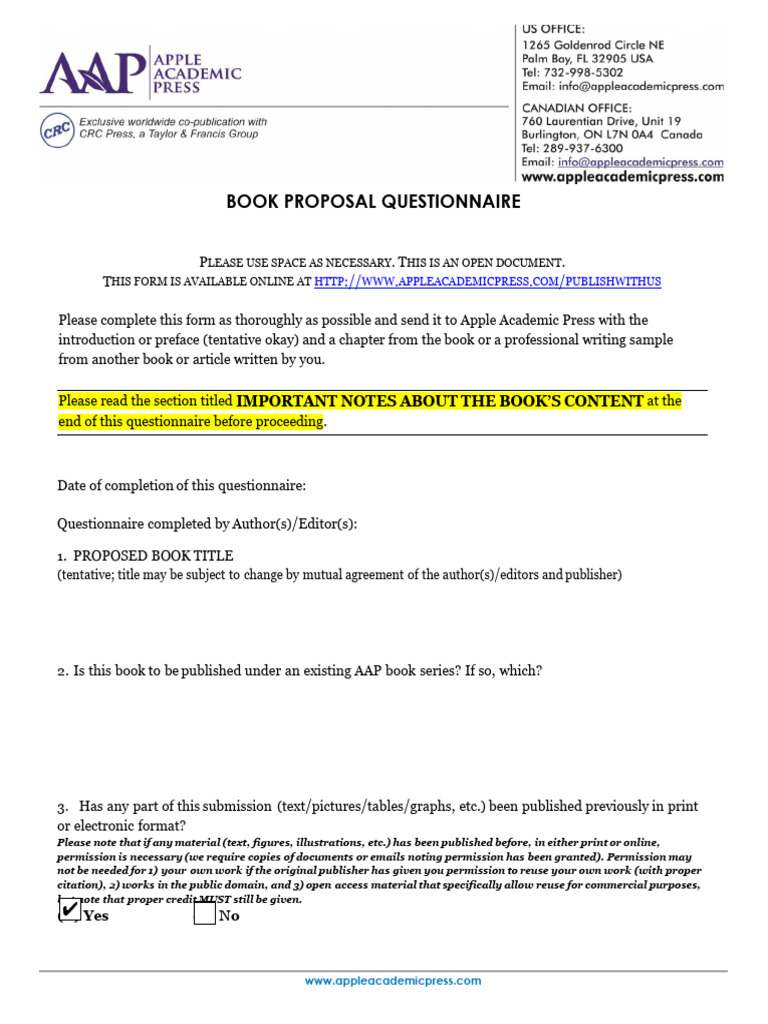 Book Proposal Questionnaire Guide | PDF | Books | Publishing