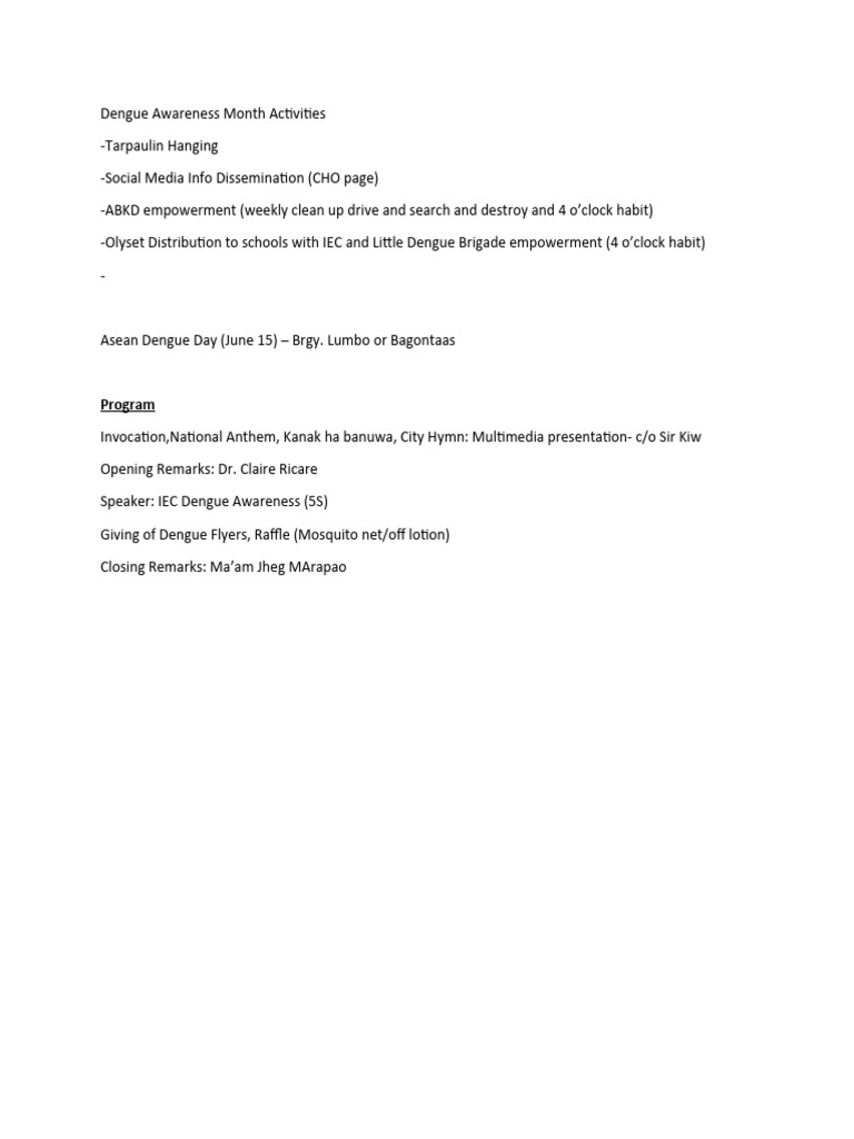 Dengue Awareness Month Activities | PDF