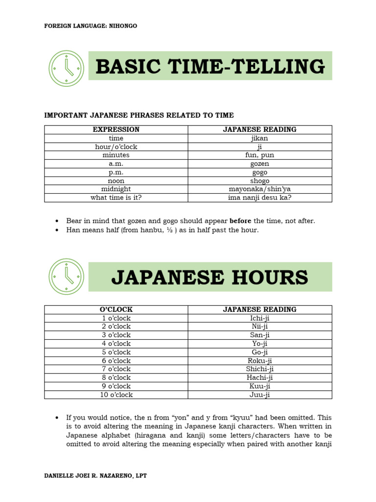 Nihongo-Basic Time-Telling | PDF | Japanese Language | Kanji
