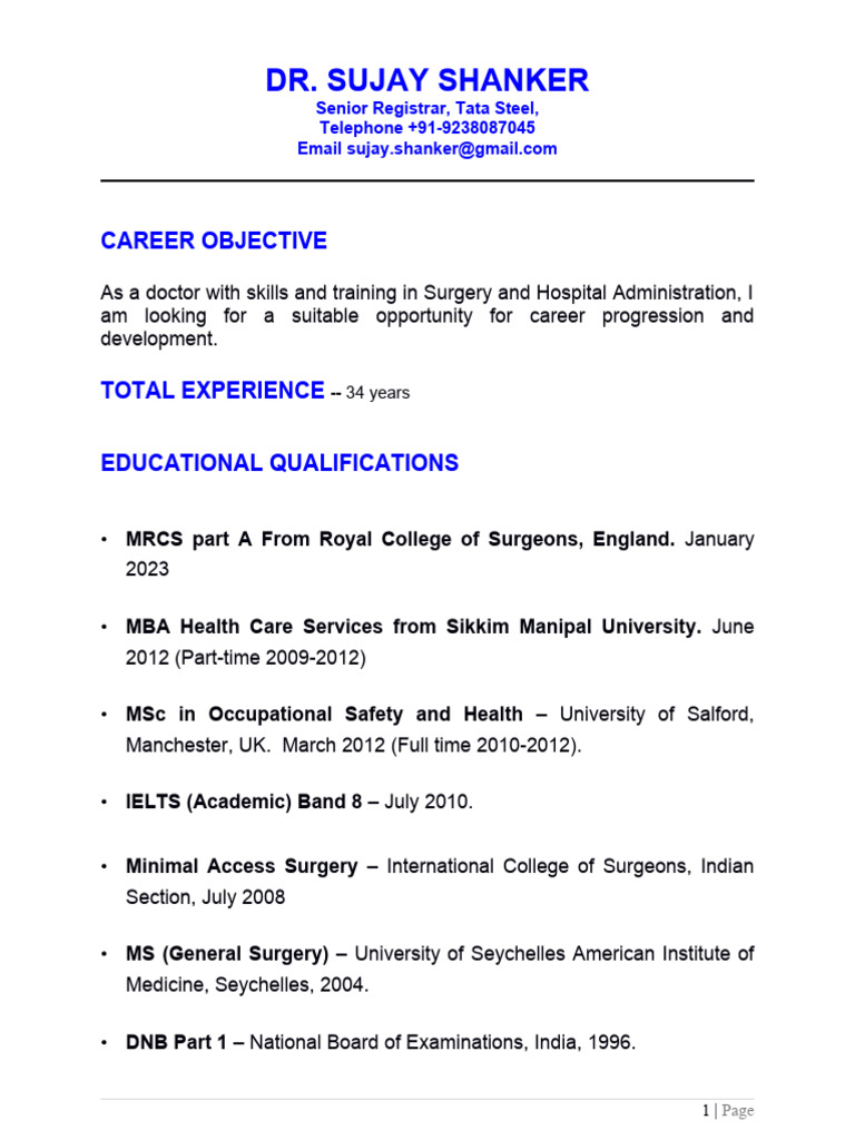 2024 CV Sujay Shanker | PDF | Surgery | Medical School