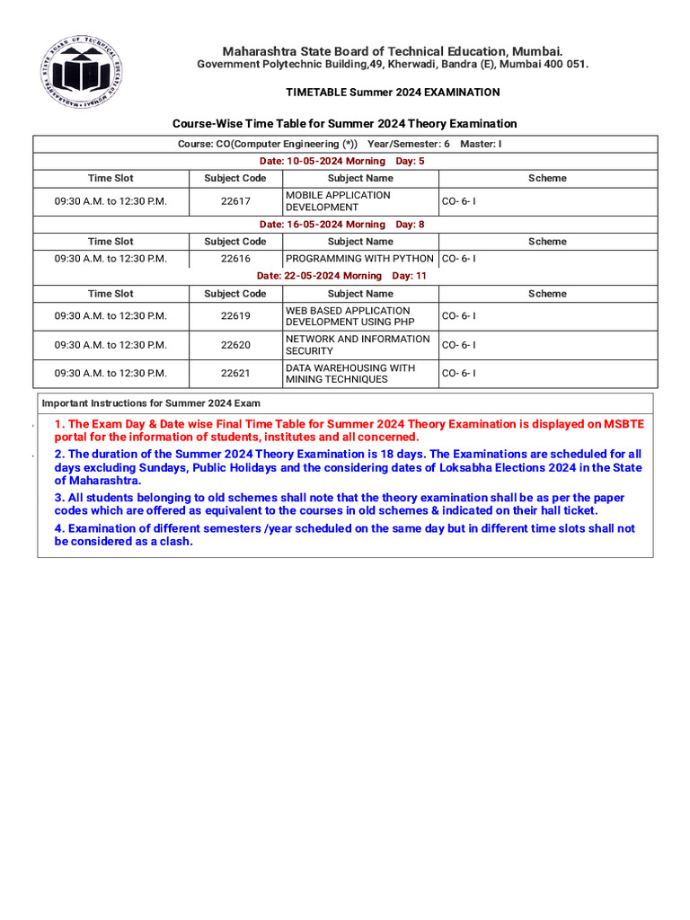 Time Table For Summer 2024 Theory Examination | PDF | Academic Term ...