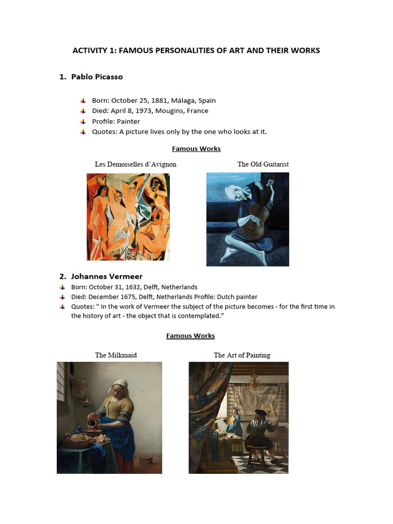 Activity 1famous Personalities of Art | PDF