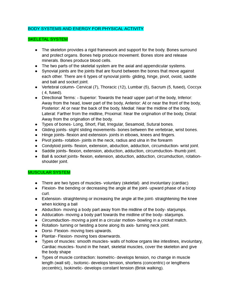 Body Systems and Energy for Activity | PDF | Anatomical Terms Of Motion ...