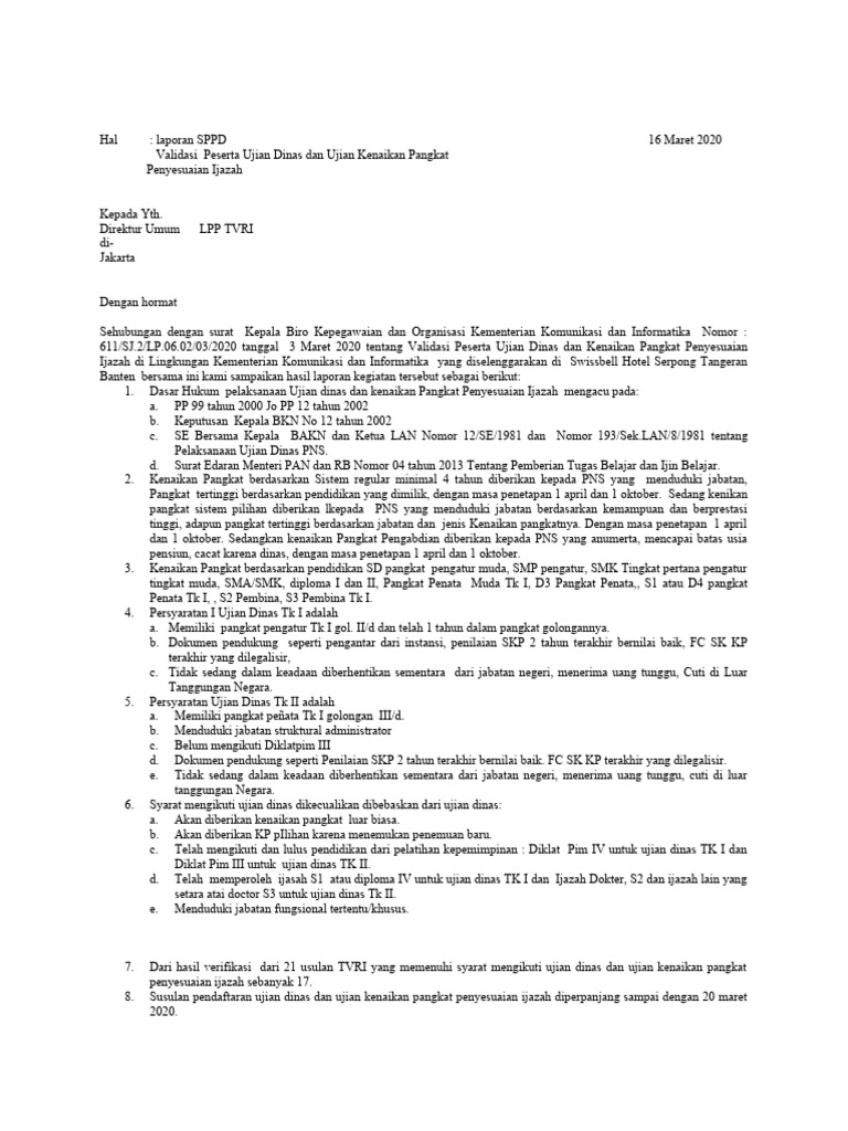 Contoh Laporan SPPD Ujian Dinas Serpong | PDF