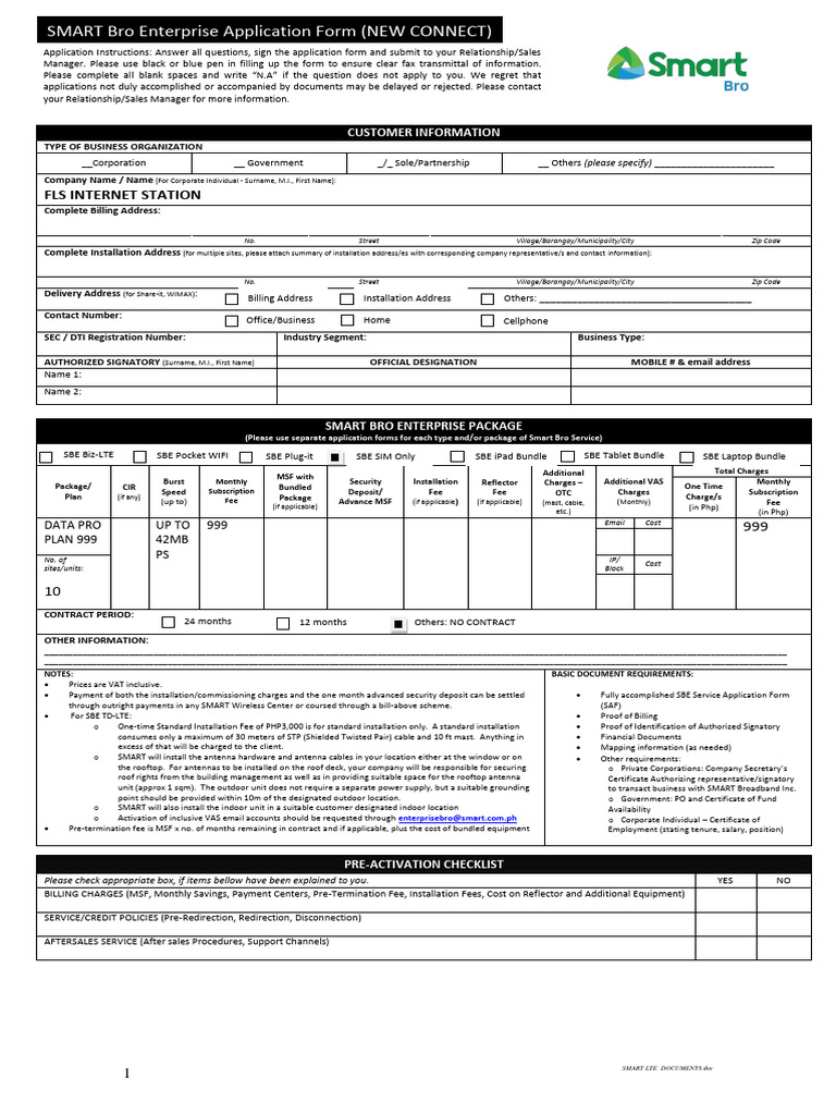 Standard Smart Bro Saf (New Connect) (002) Fls Internet Station | PDF ...