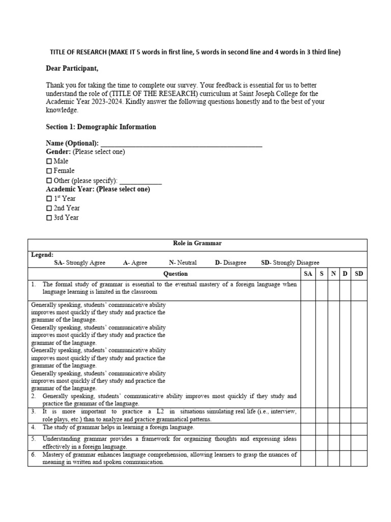 SURVEY QUESTIONNAIRE Gerard | PDF | Part Of Speech | Verb