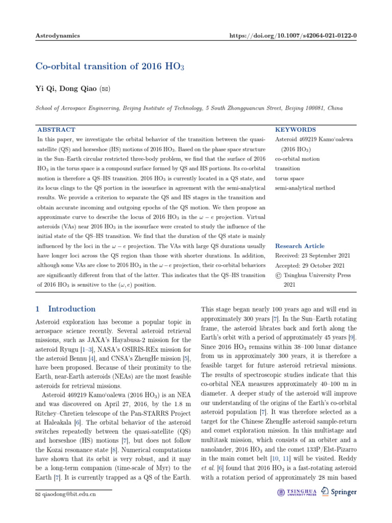 Co-Orbital Transition of 2016 HO3 | PDF | Asteroid | Orbit