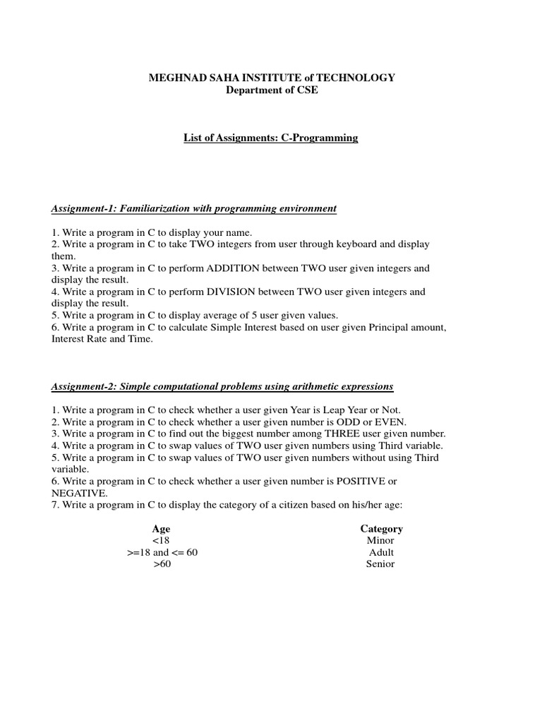 C Assignment List Download Free Pdf Numbers Integer