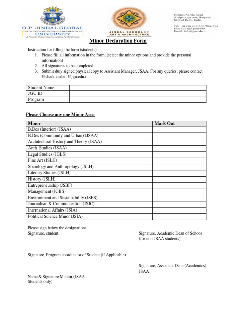 Minor Declaration Form For 2022 Batch | PDF