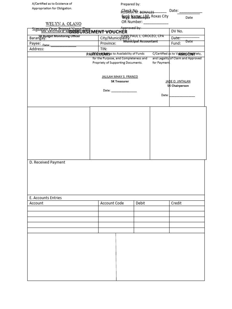 SK Disbursement Voucher Template | PDF | Payments | Bookkeeping