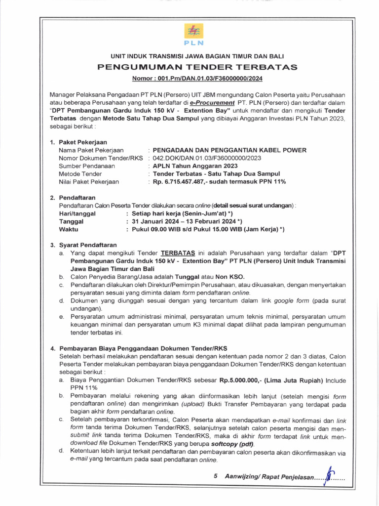 Tender Pengadaan Kabel Power PLN 2024 | PDF