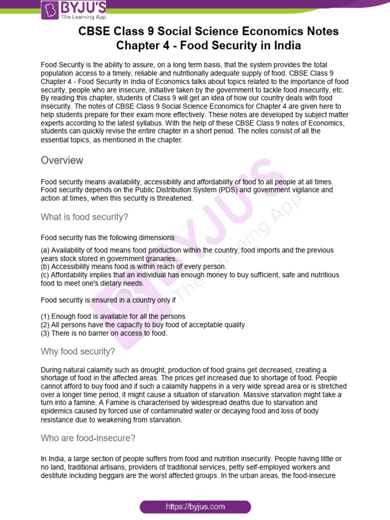 CBSE Class 9 Social Science Economics Notes Chapter 4 Food Security in ...