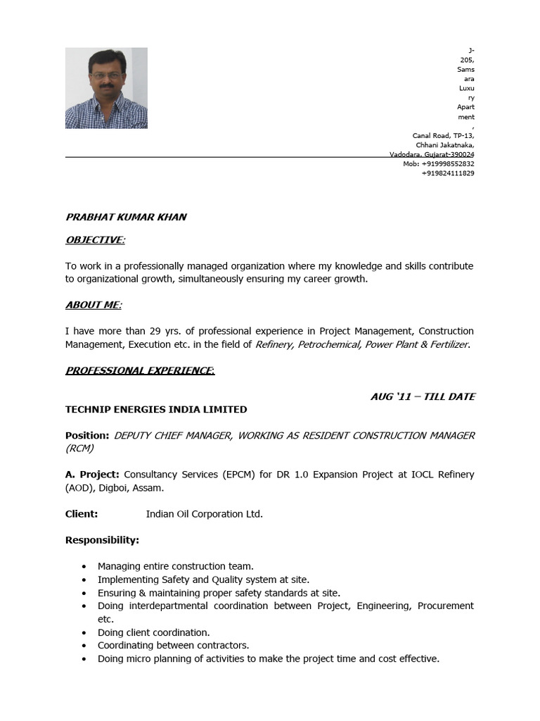 Project Management Resume of Prabhat Khan | PDF | Gujarat | Petroleum Industry
