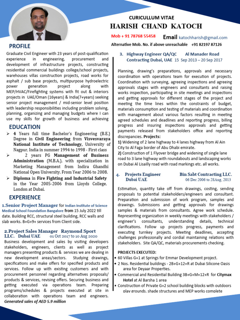 Senior Civil Engineer CV - Harish Katoch | PDF | United Arab Emirates ...