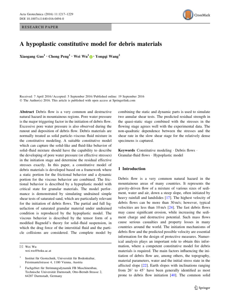 Hypoplastic Model for Debris Flows | PDF | Shear Stress | Viscosity