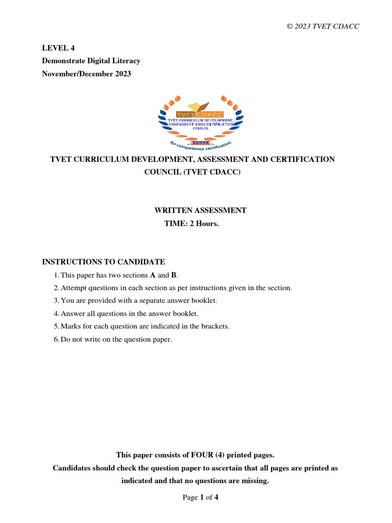 Level 4 Digital Literacy Exam Paper 2023 | PDF | Computer Data Storage ...