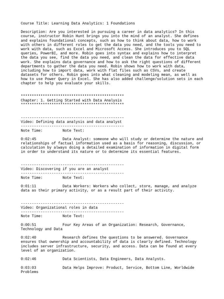 Coursenotes Learning Data Analytics 1 Foundations Pdf Data Analysis Data