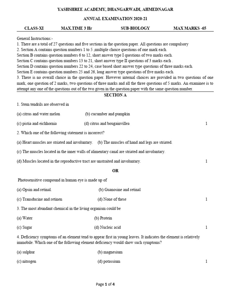 CLASS XI BIo Question Paper 2019-20 | PDF | Mitosis | Cell (Biology)