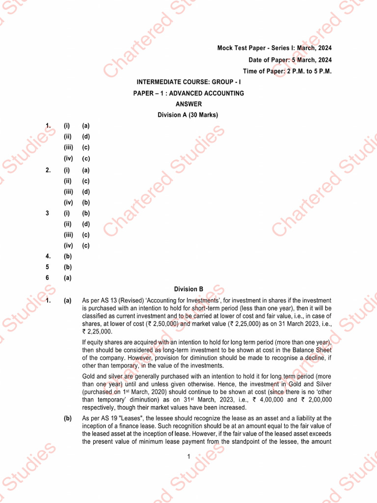 CA Intermediate Paper - 1 Advanced Accounting MTP Series 1 Suggested ...