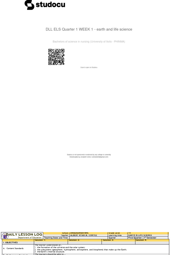 DLL Els Quarter 1 Week 1 Earth and Life Science | Download Free PDF | Minerals | Earth