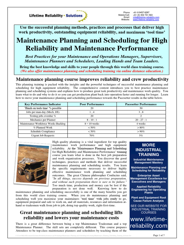 Maintenance Planning & Scheduling Training | PDF | Reliability ...
