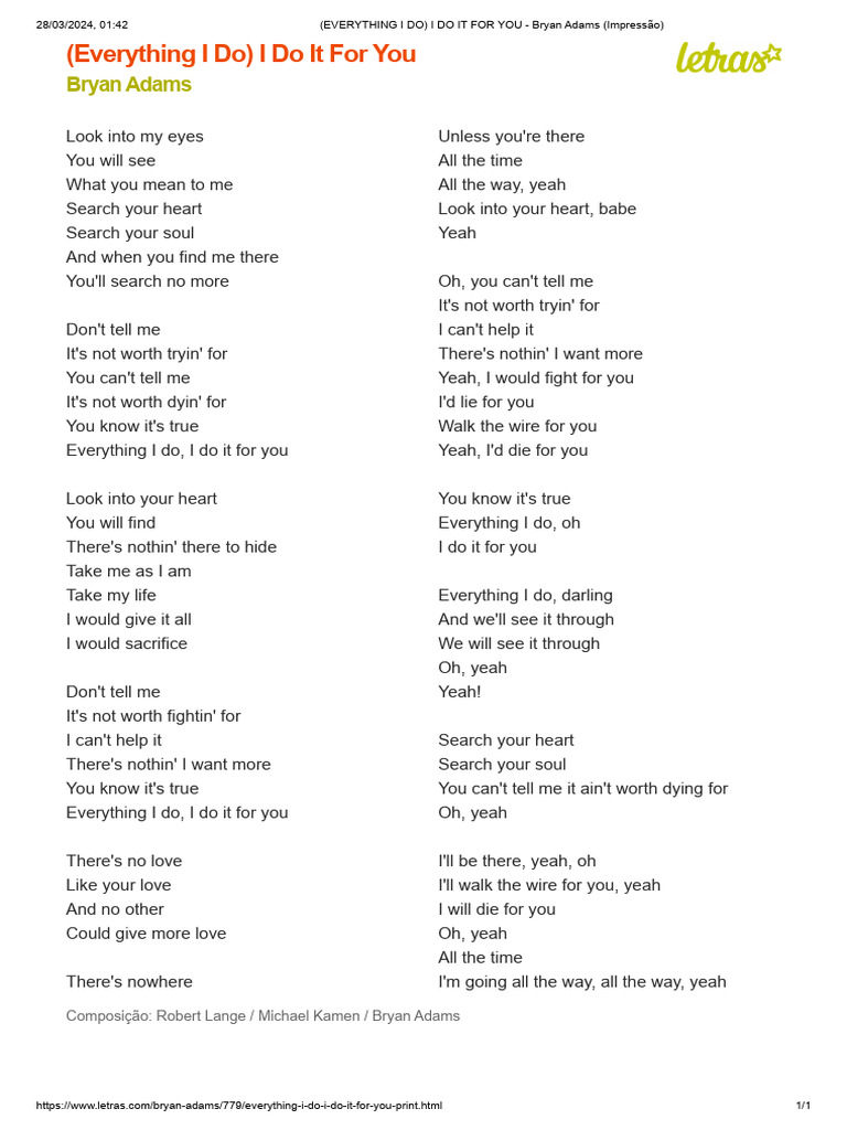 (Everything I Do) I Do It For You | PDF | Songs Written