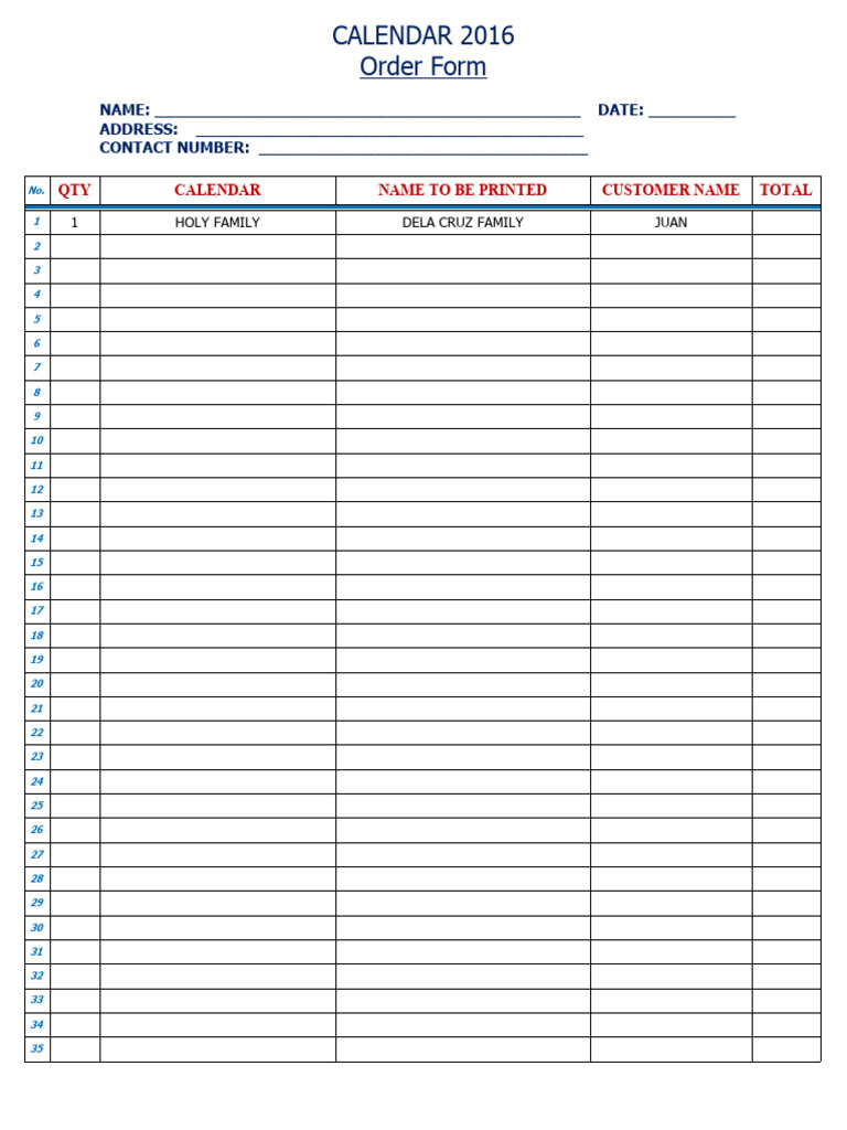 2016 Calendar Form | PDF