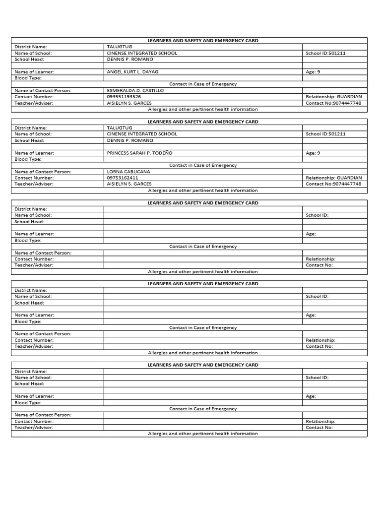 Learners and Safety and Emergency Card | PDF | Clinical Medicine ...