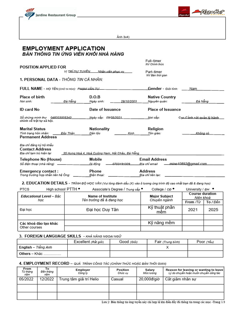 Mẫu Xin Việc PHV | PDF