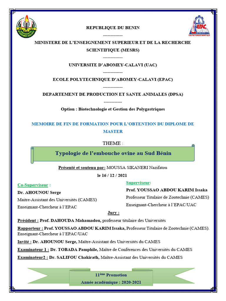 Mémoire MOUSSA SIKANERI Nazifatou - Compressed | PDF | Mouton | Professeur