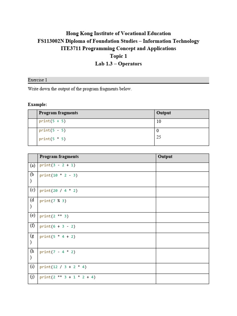 ITE3711 Lab1.3 Operators | PDF | Software | Software Development