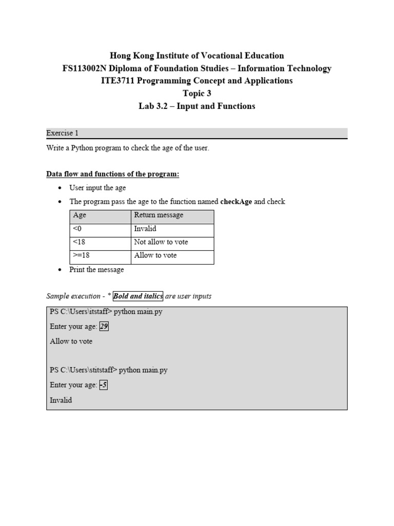 ITE3711 Lab3.2 Input and Functions | PDF | Function (Mathematics) | Python (Programming Language)
